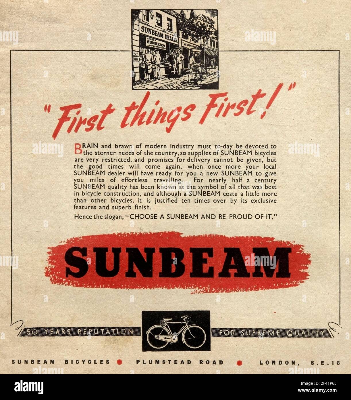 Vintage 1942 advertisement for British Sunbeam bicycles Stock Photo - Alamy