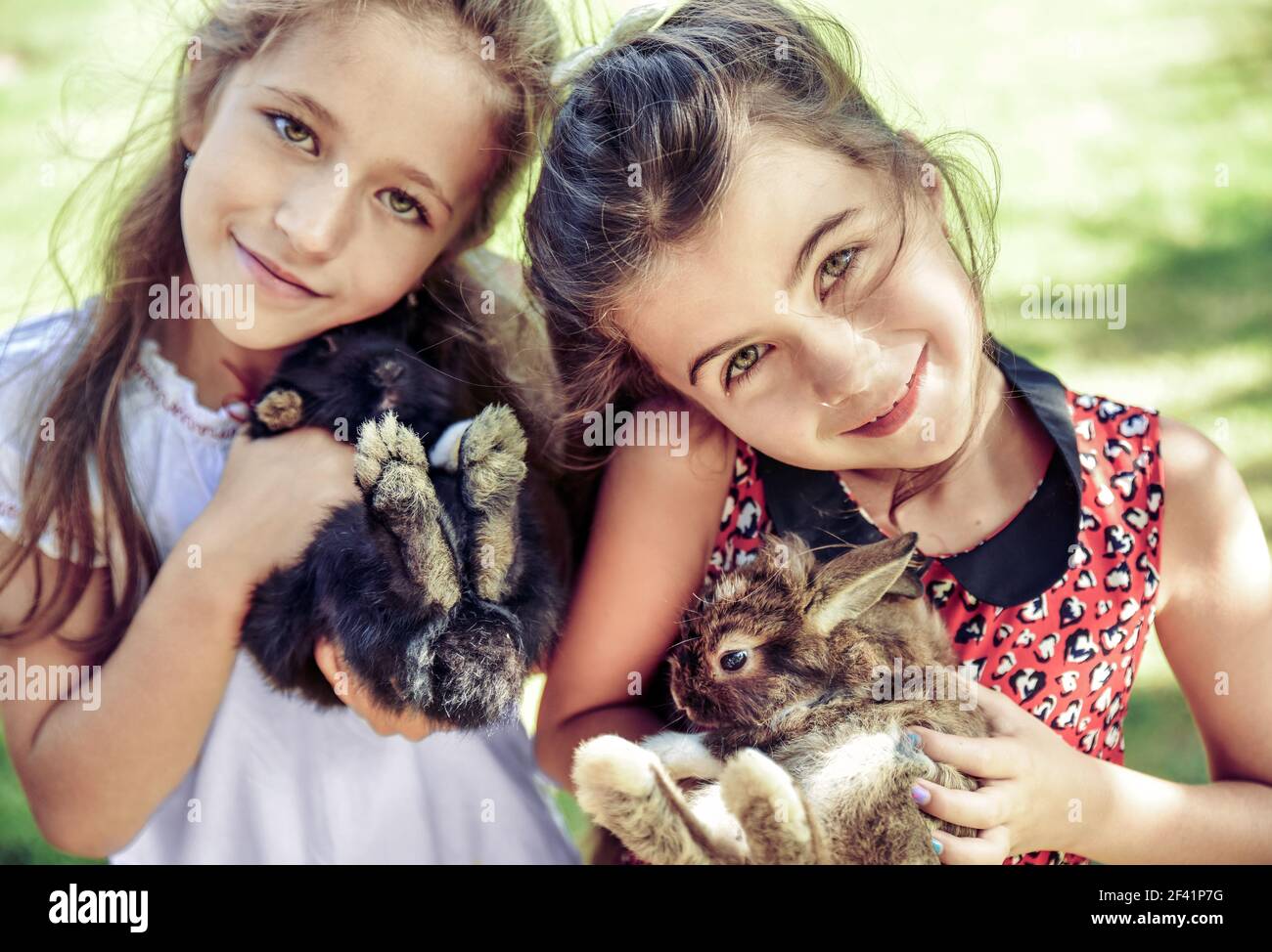 Two cheerful girls hugging fluffy rabbits Stock Photo - Alamy