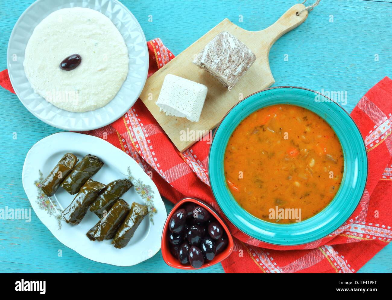Meal with fasting food on turquoise table Stock Photo - Alamy