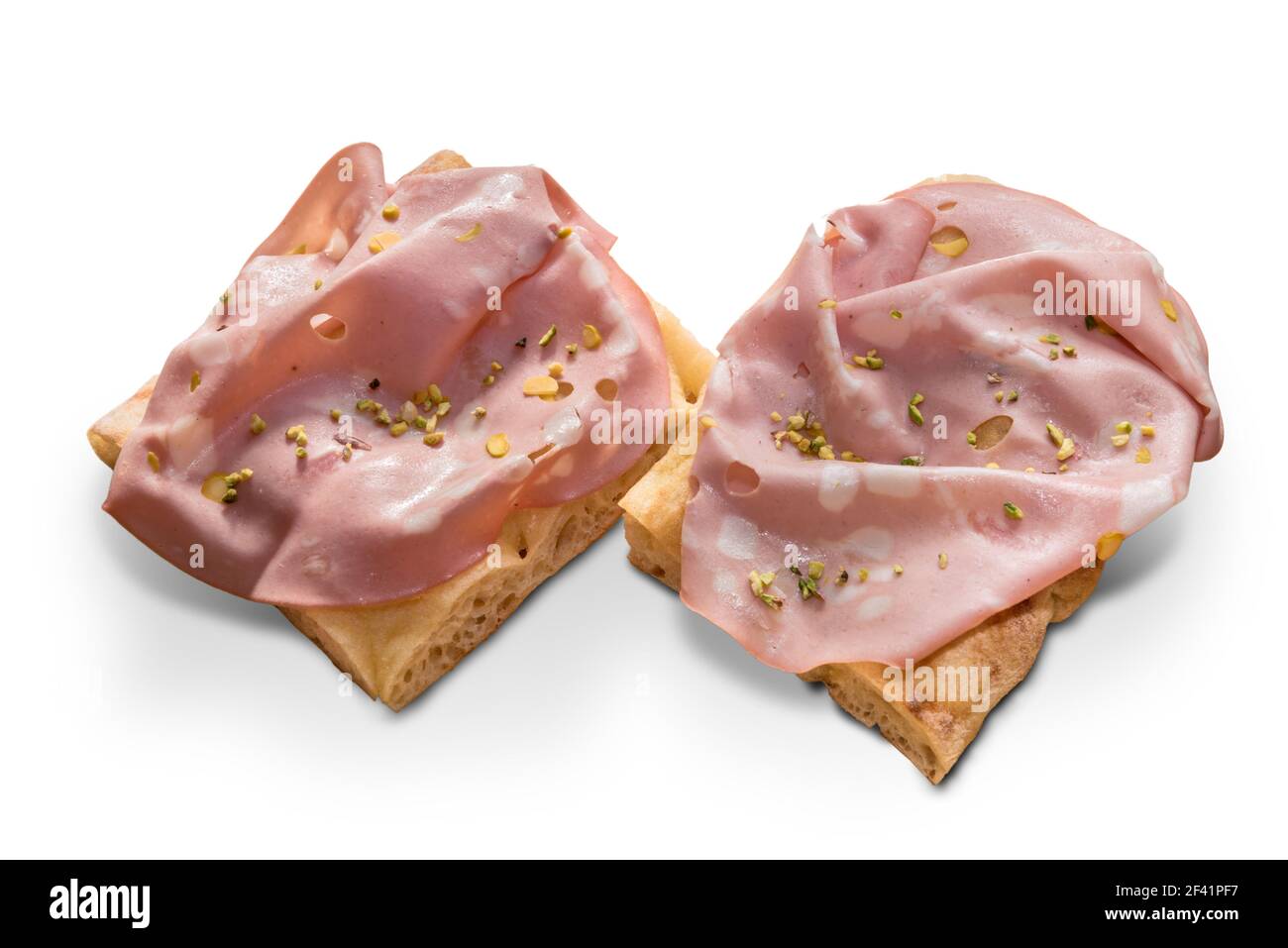 Italian Bologna Mortadella on Focaccia bread with chopped pistachios ...