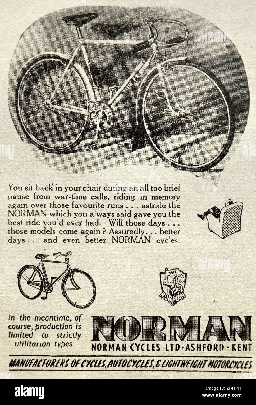 Vintage 1944 advertisement for British "Norman" bicycles Stock Photo ...