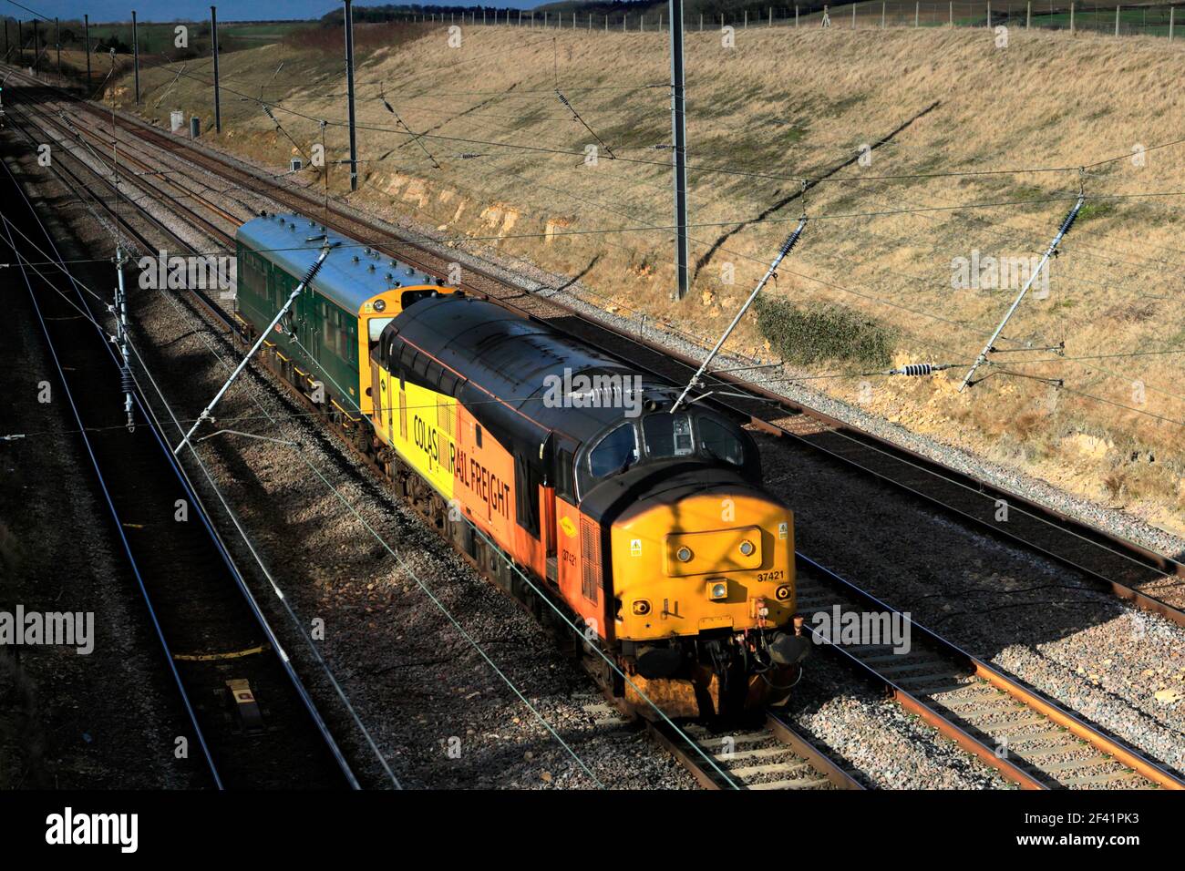 37421 Colas Rail trains, East Coast Main Line Railway, Peterborough ...