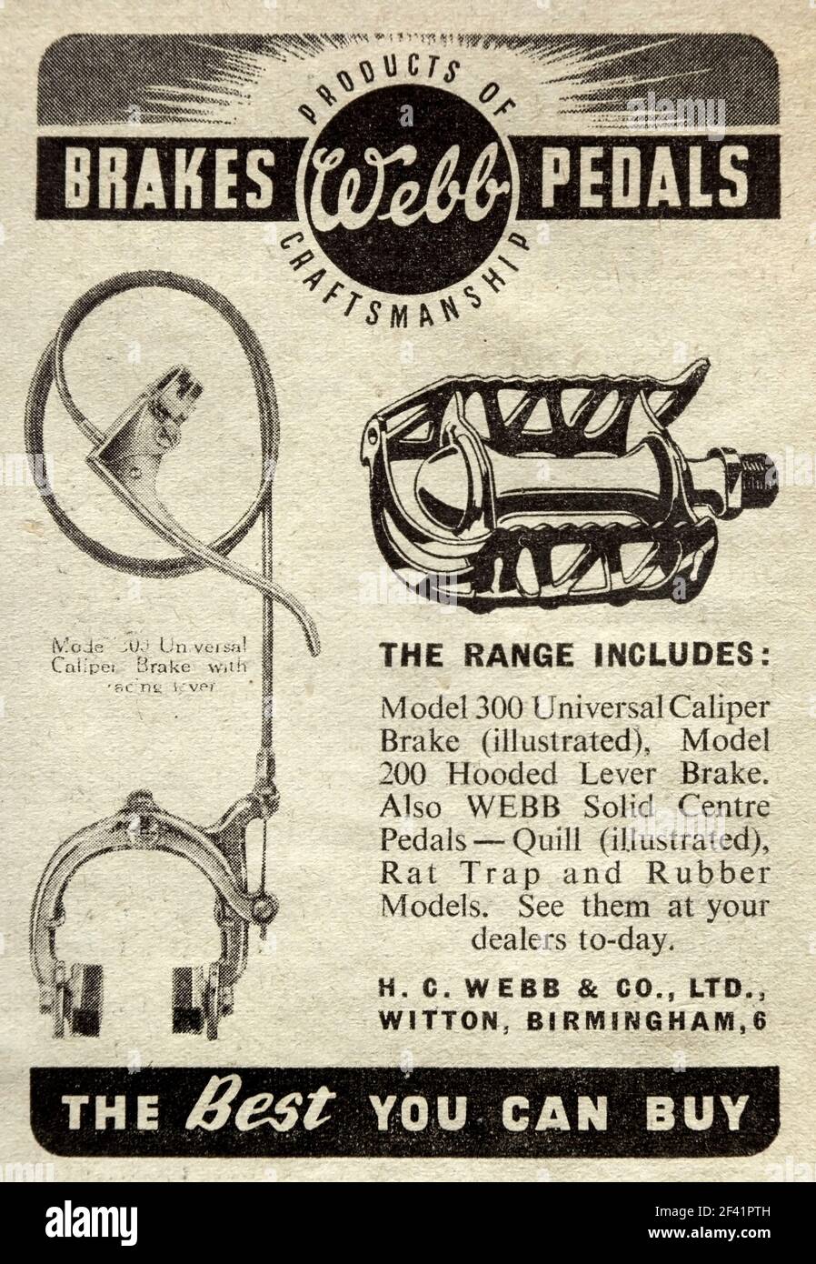 Vintage 1952 advertisement for British Webb bicycle brakes and pedals ...