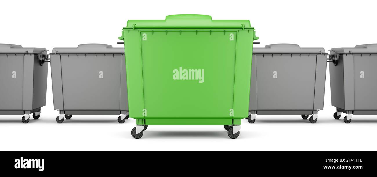 green garbage container among gray containers isolated on white ...
