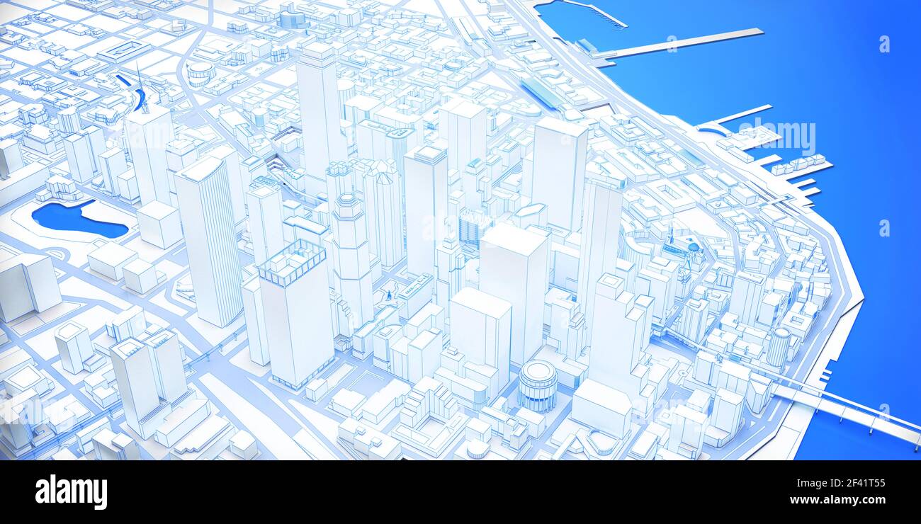 white low poly wireframe modern downtown with coastline above view. 3d ...