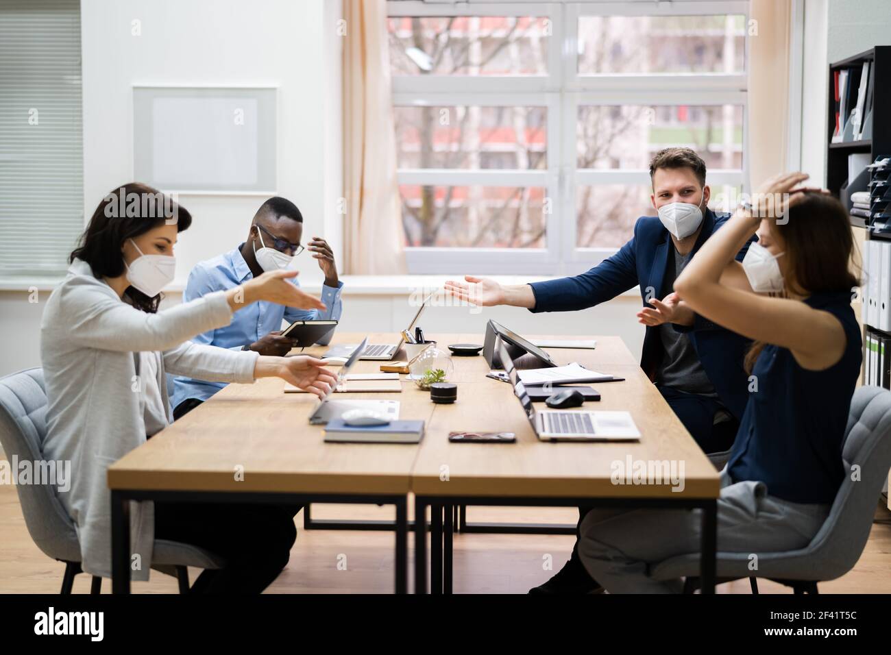 Bully Conflict And Argument. Talking And Fighting Wearing Mask Stock ...