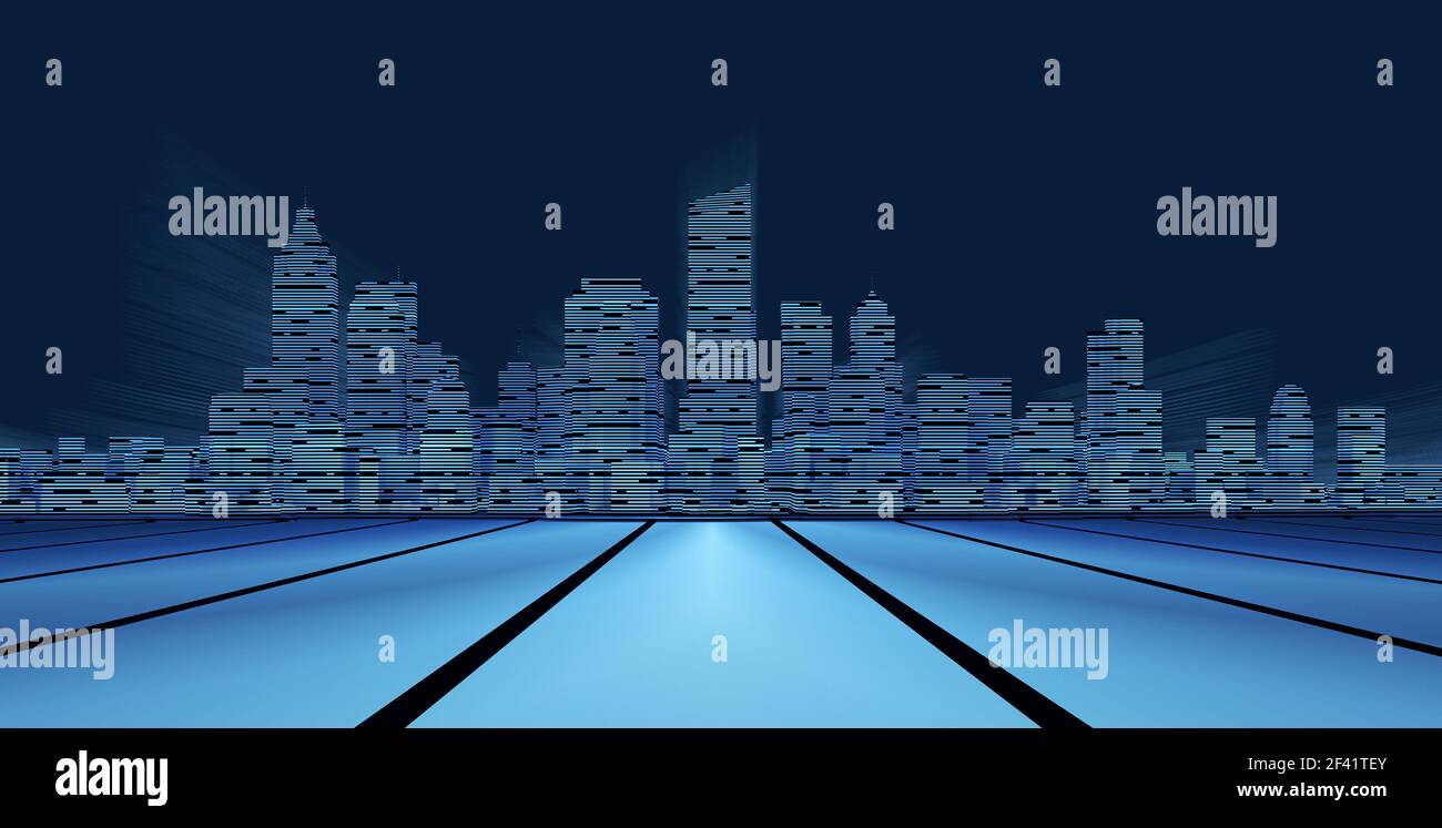 night neon blue striped cityscape. 3d rendering Stock Photo - Alamy
