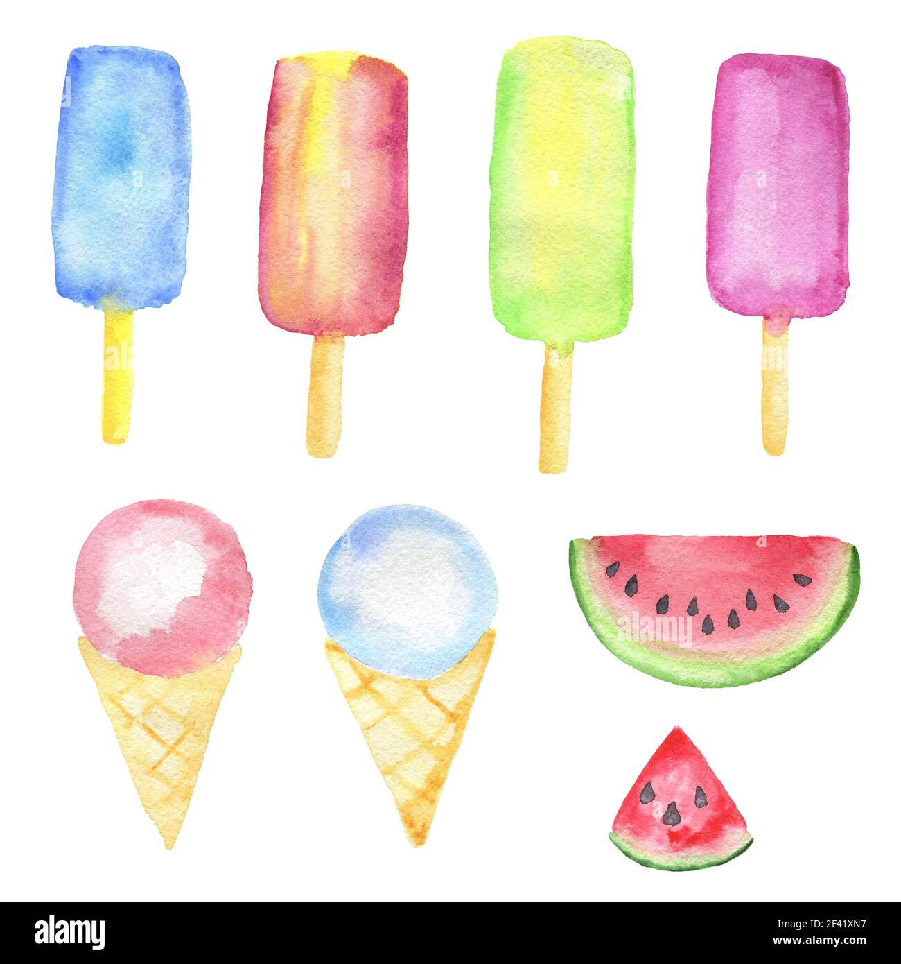 Watercolor summer sweet food. Ice cream and slices of watermelon ...