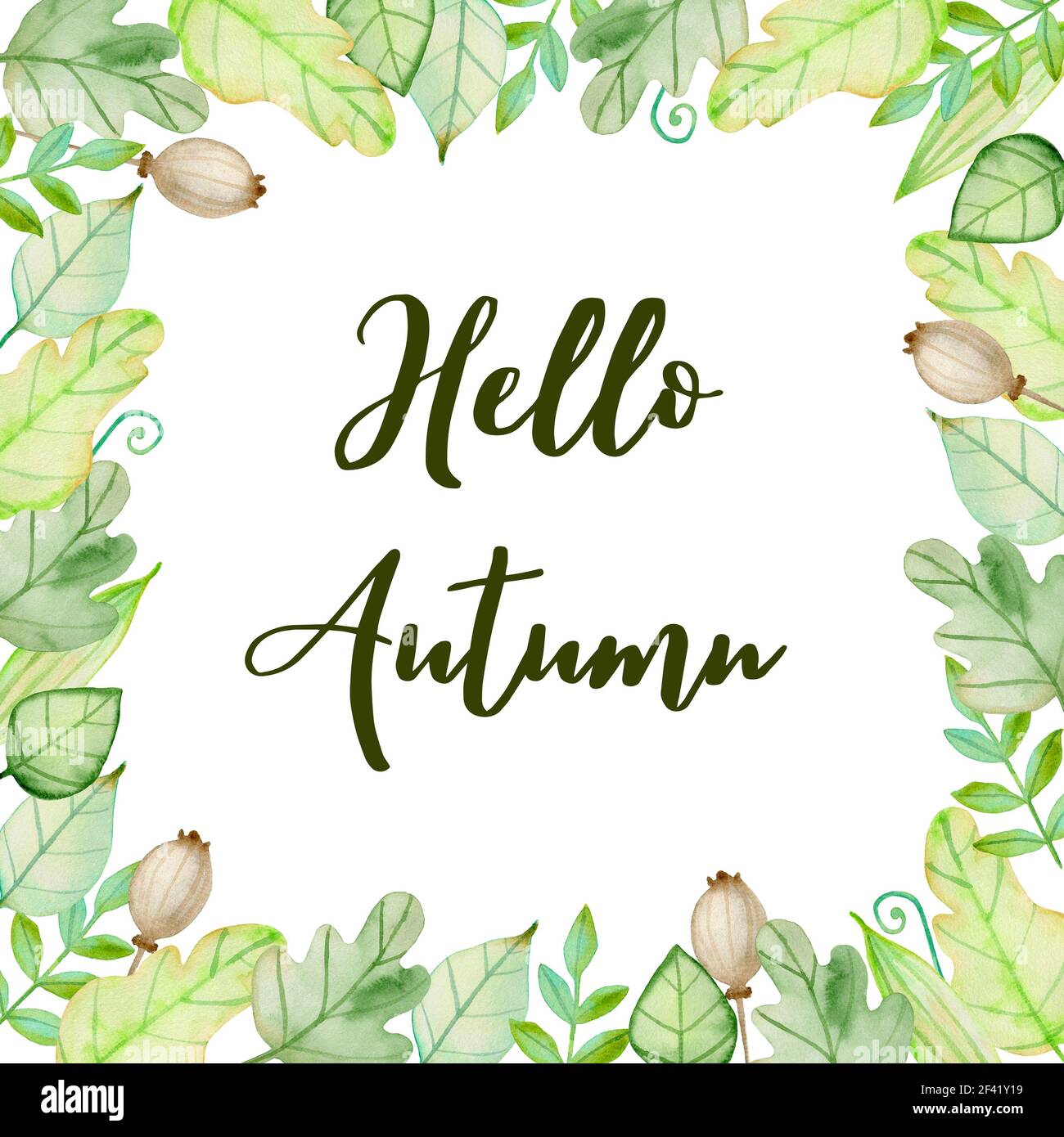 Watercolor autumn floral frame with flowers and green leaves on a white ...