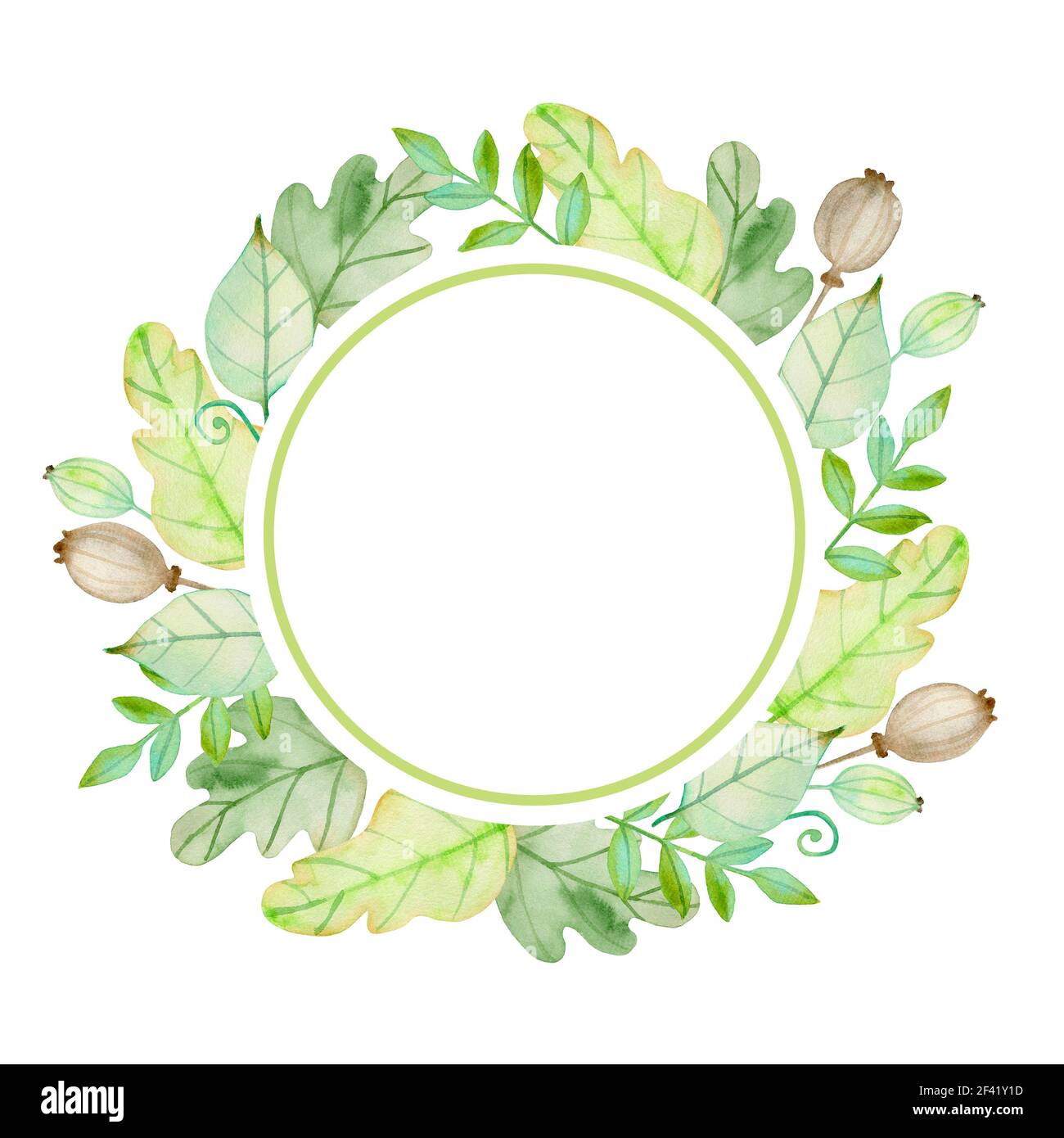 Watercolor autumn floral round banner with flowers and green leaves on ...