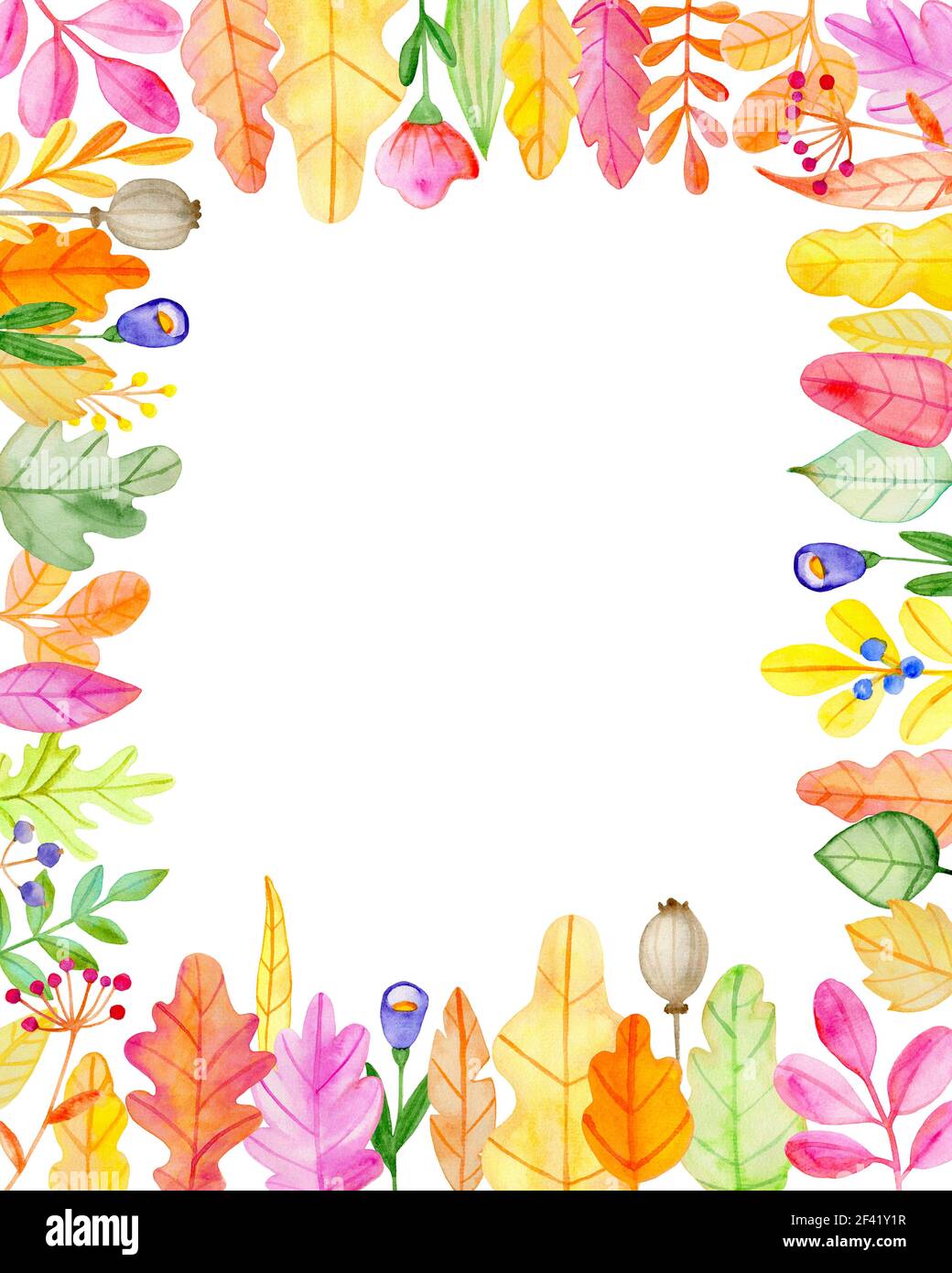 Watercolor autumn floral frame with flowers and leaves on a white ...