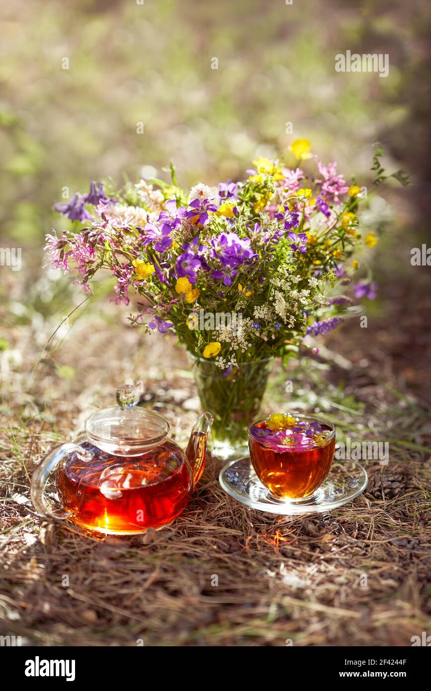 Tea party in the open air. Close-up of a Cup and teapot in nature in ...