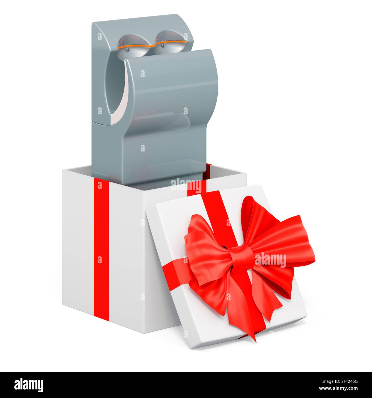 Hand dryer inside gift box, present concept. 3D rendering isolated on ...
