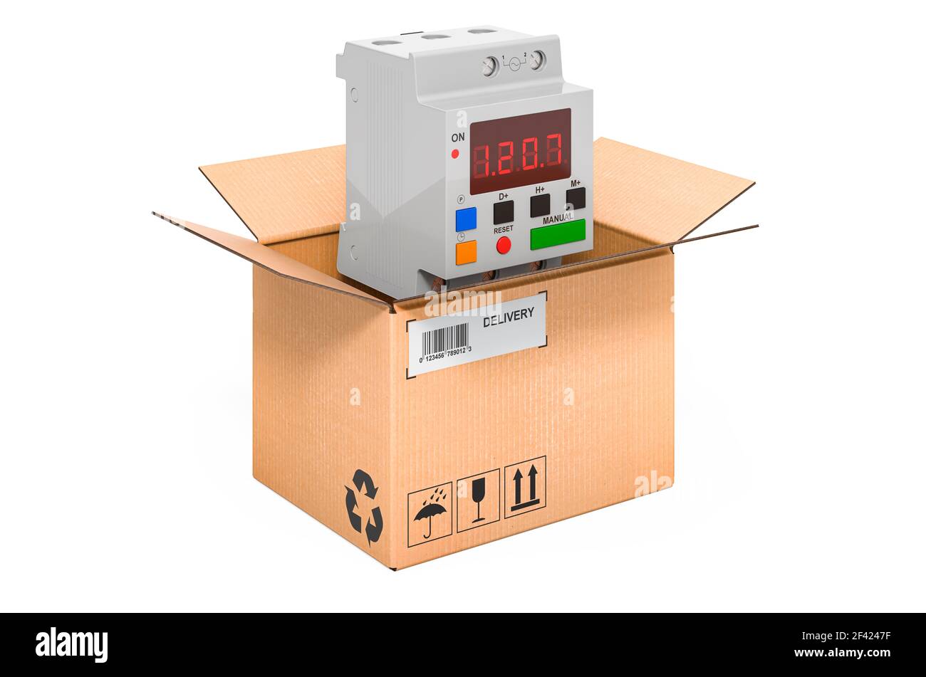 Digital timer switch inside cardboard box, delivery concept. 3D ...