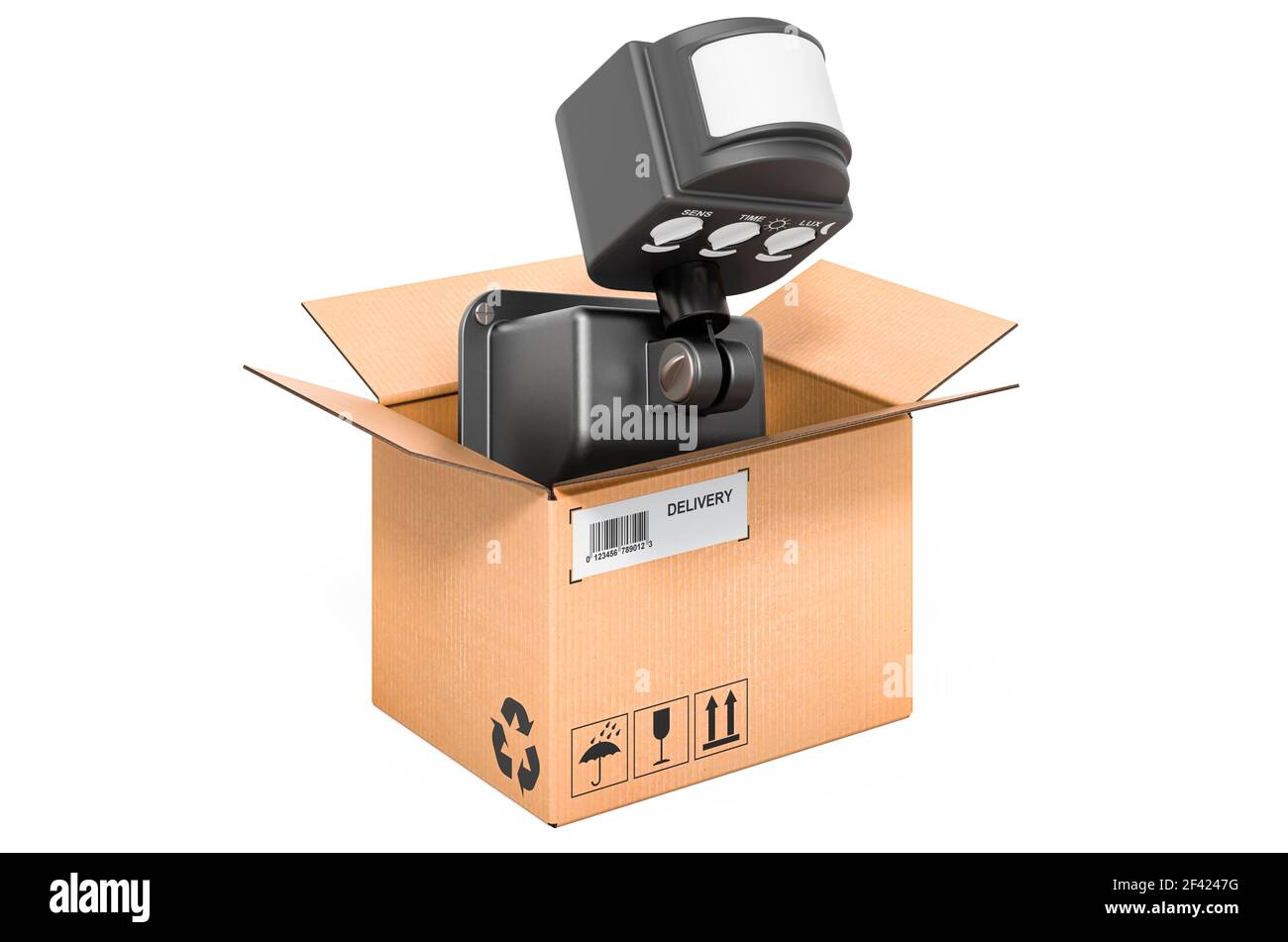 Motion detector inside cardboard box, delivery concept. 3D rendering ...