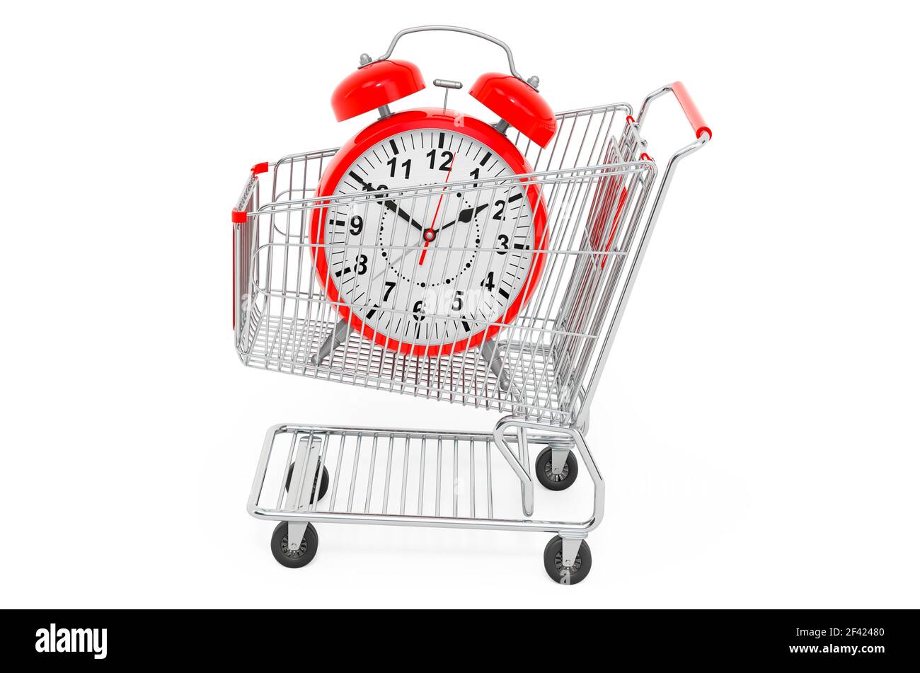 Shopping cart with alarm clock. Shopping time concept, 3D rendering ...
