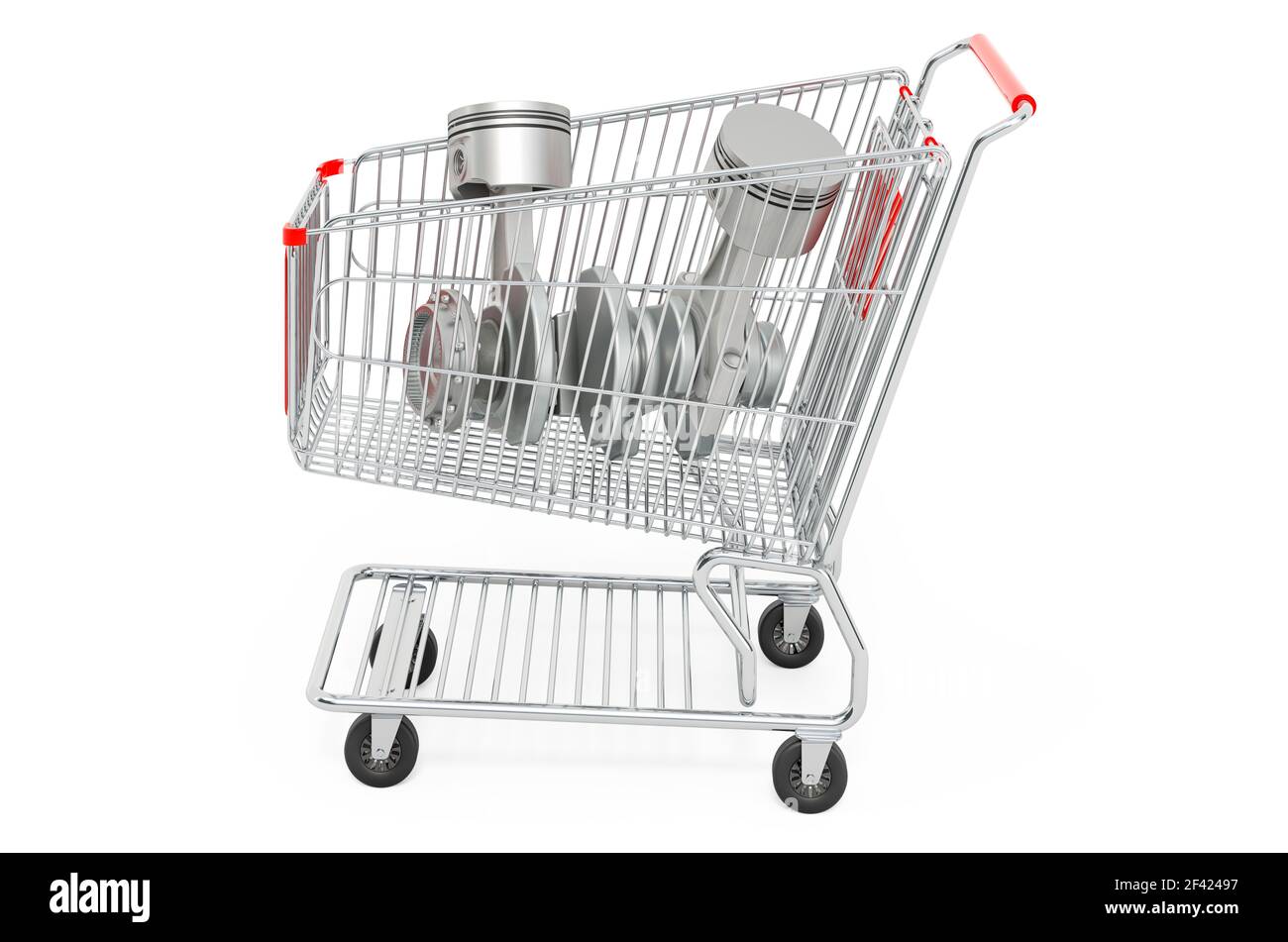 Shopping cart with engine pistons. 3D rendering isolated on white ...