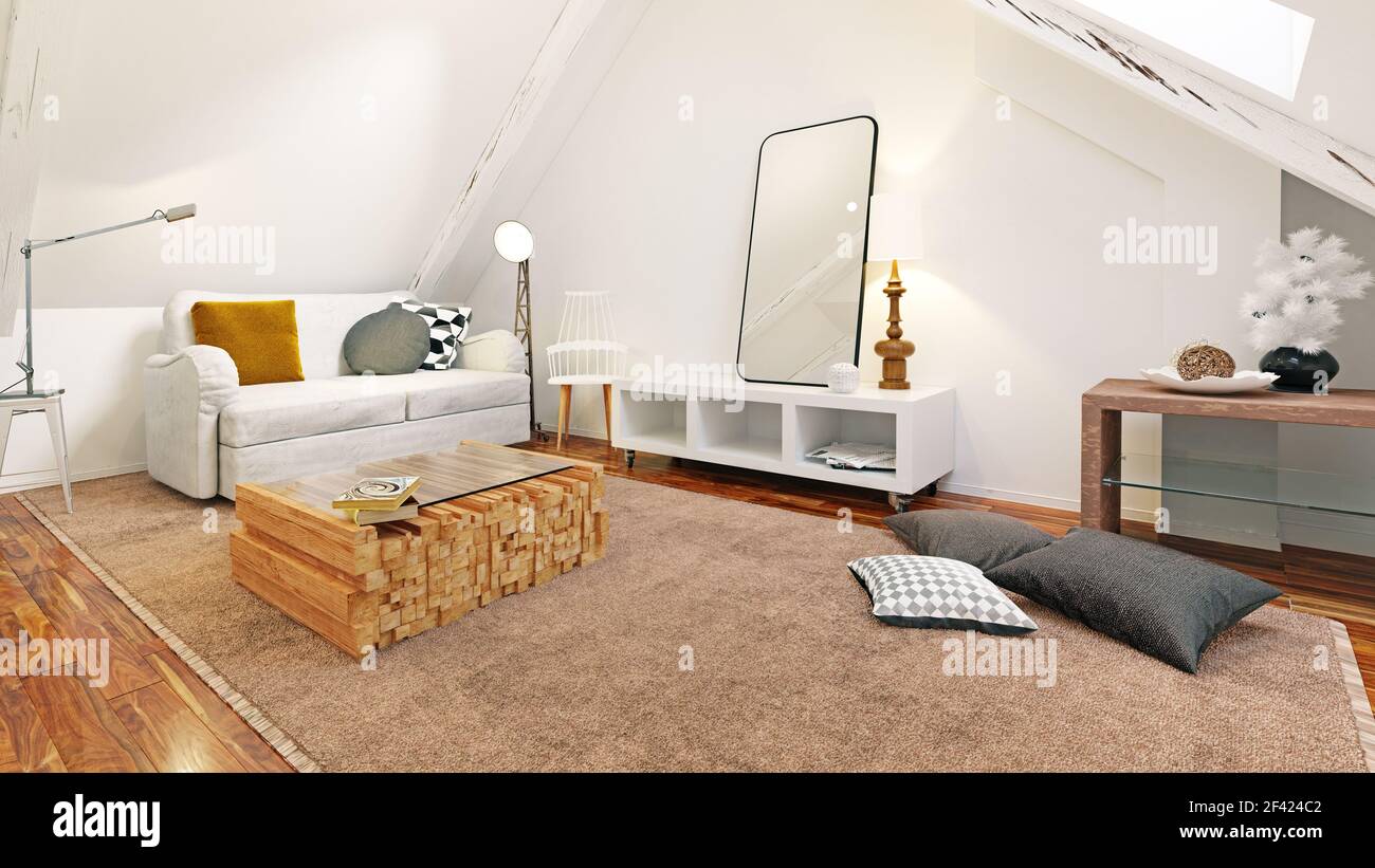 modern attic interior. 3d design rendering Stock Photo - Alamy