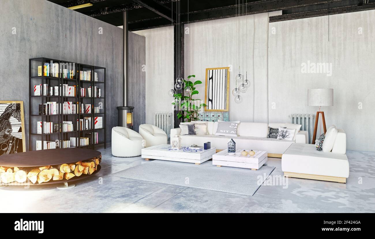 modern loft living room interior. 3d rendering design concept Stock ...