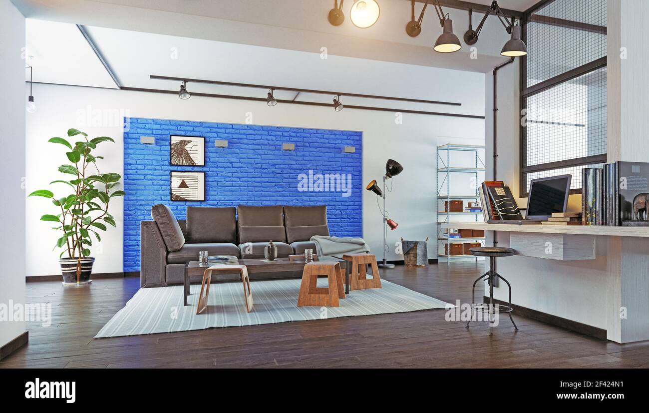 modern loft interior. 3d rendering design concept Stock Photo - Alamy