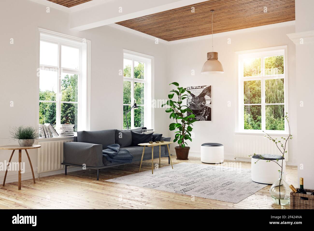 modern scandinavian living room design. 3d concept rendering Stock ...