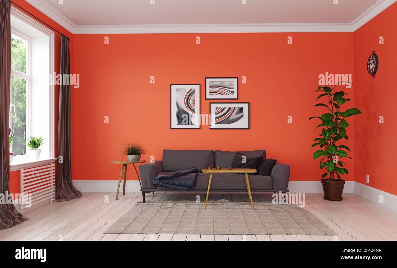 modern living room. living coral interior design. 3d rendering concept ...