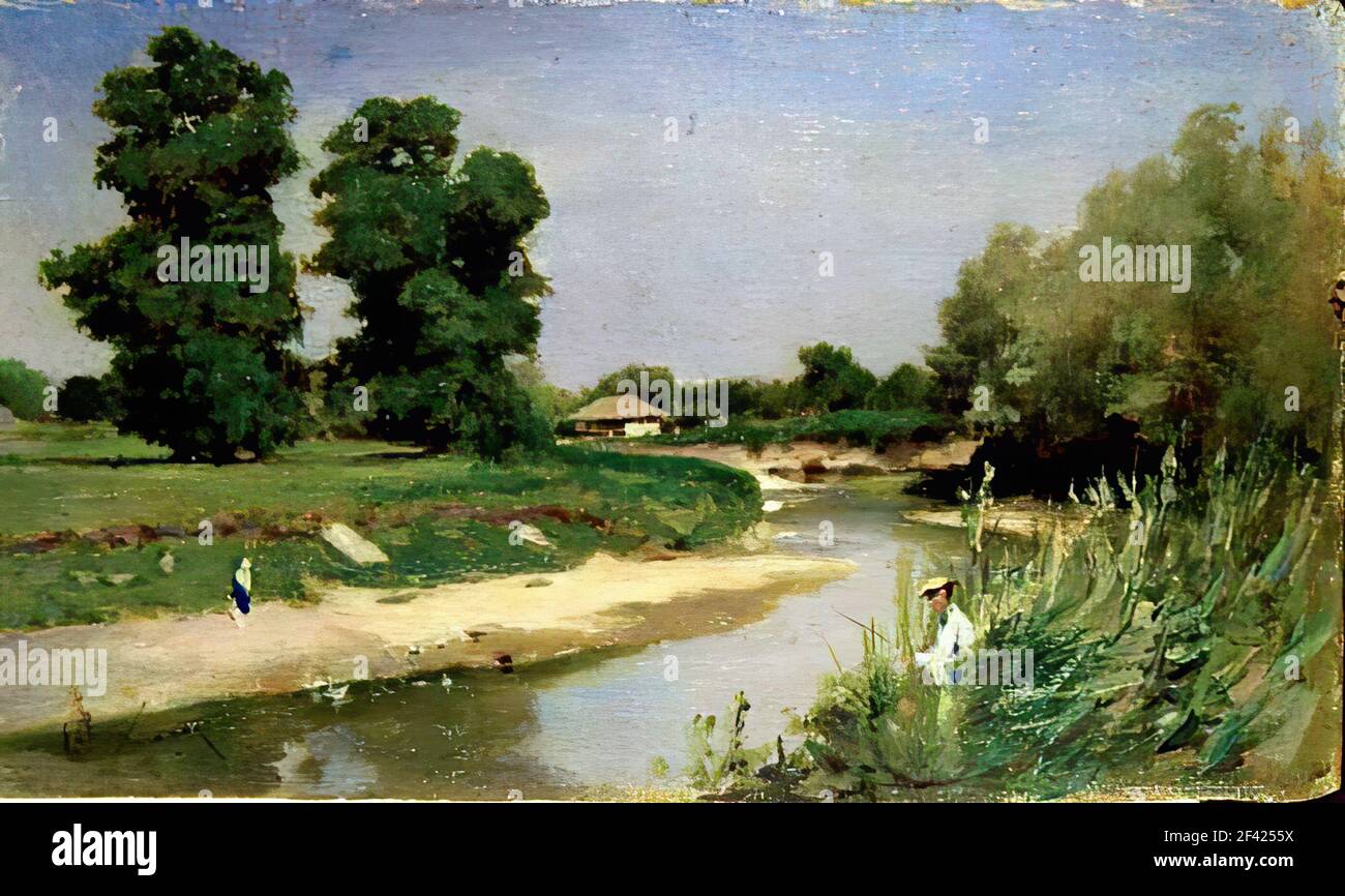 Theodor Aman - Landscape with River Trees Stock Photo - Alamy