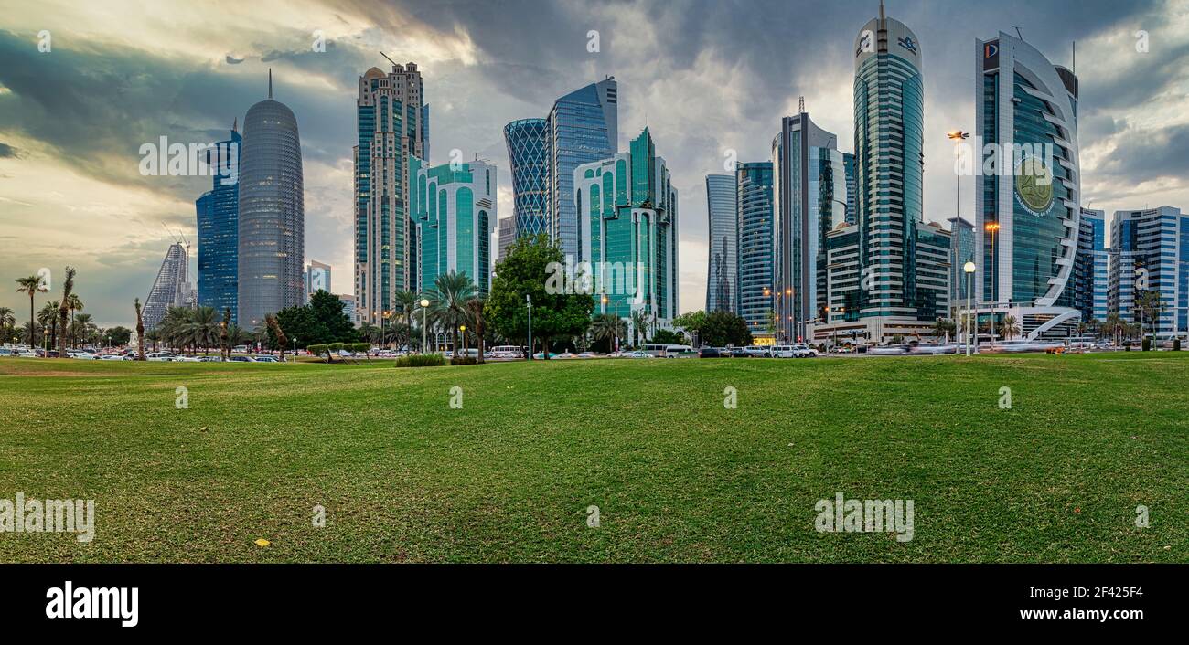 Doha skyline in West bay financial district Doha, Qatar daylight view ...