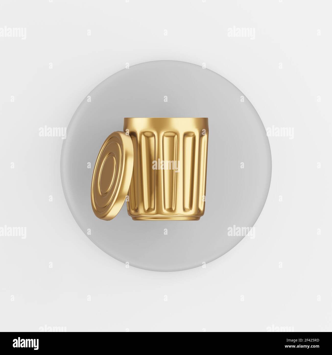 Gold trash can icon with lid. 3d rendering round gray key button, interface ui ux element Stock ...