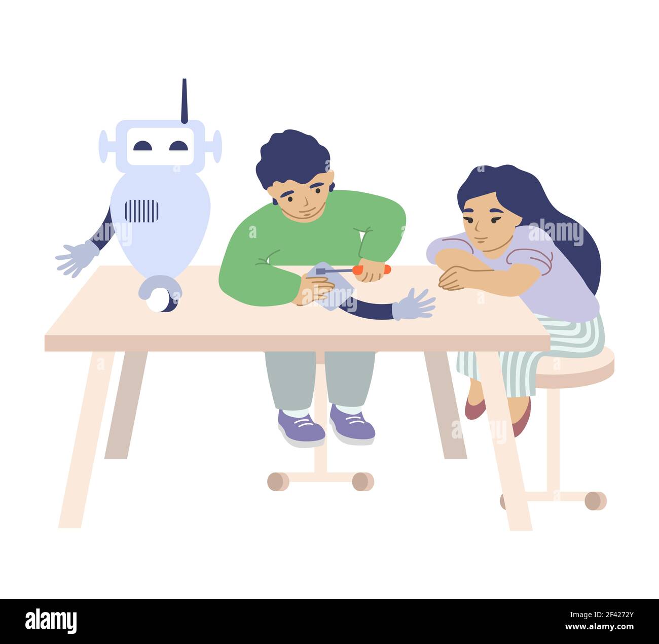 Happy children, boy and girl making smart robot, flat vector ...