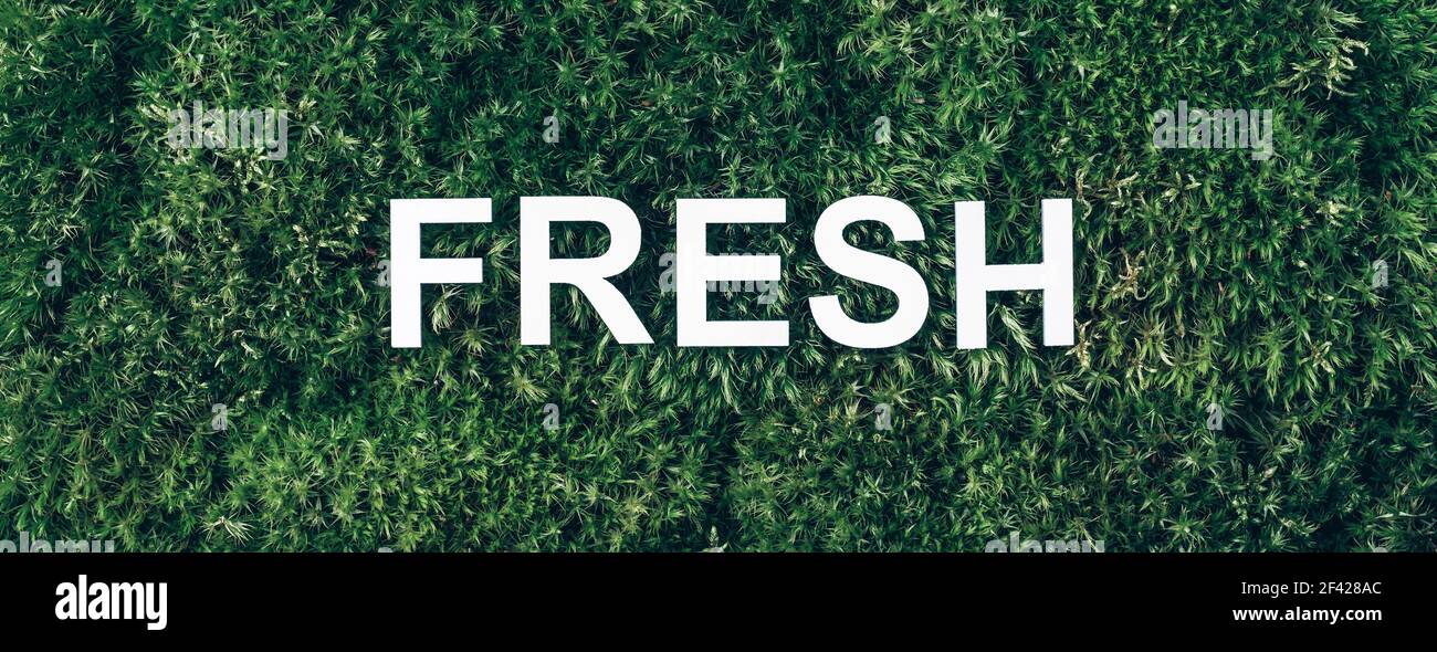 Word Fresh on moss, green grass background. Top view. Copy space ...