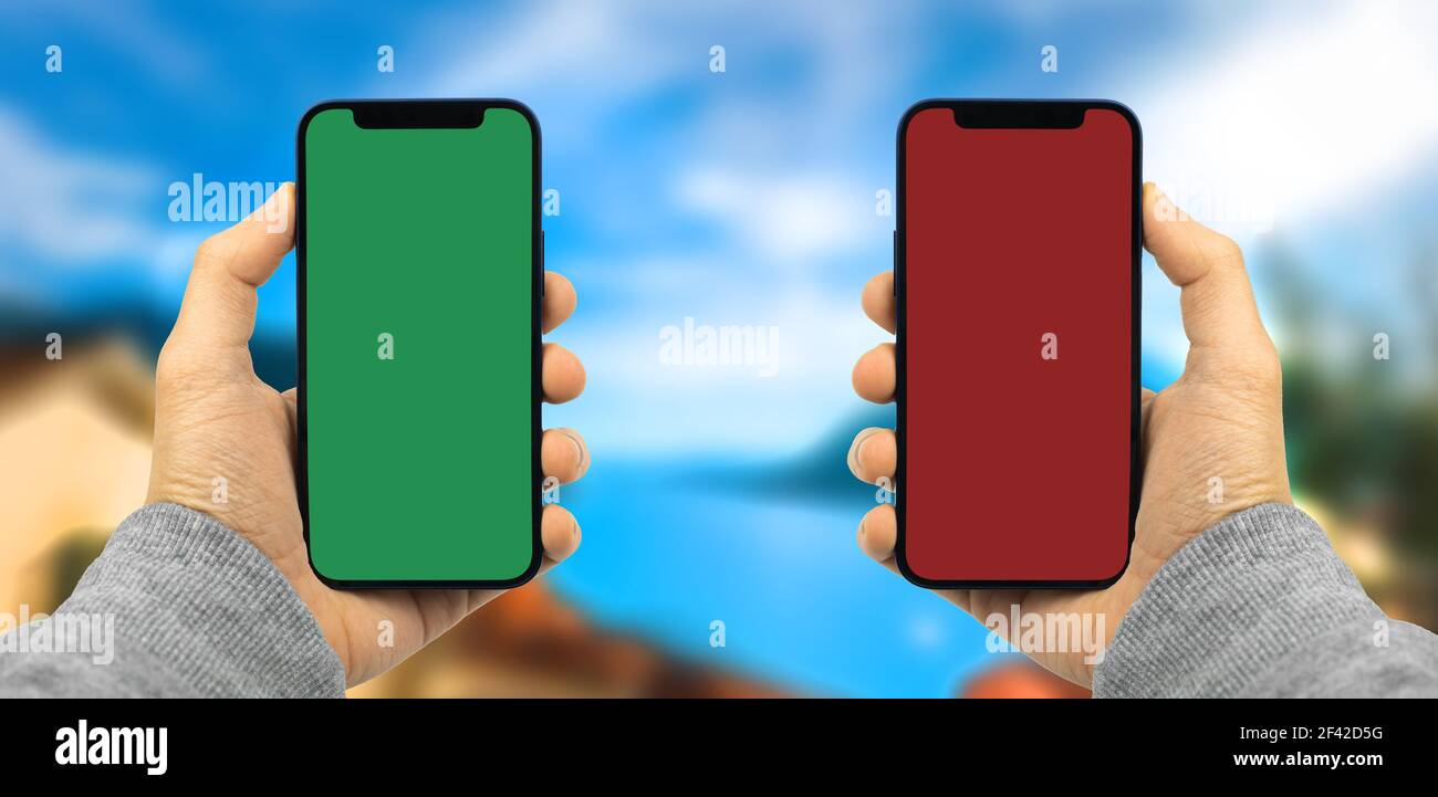 3D vision concept by using modern smartphones with blank colorful ...