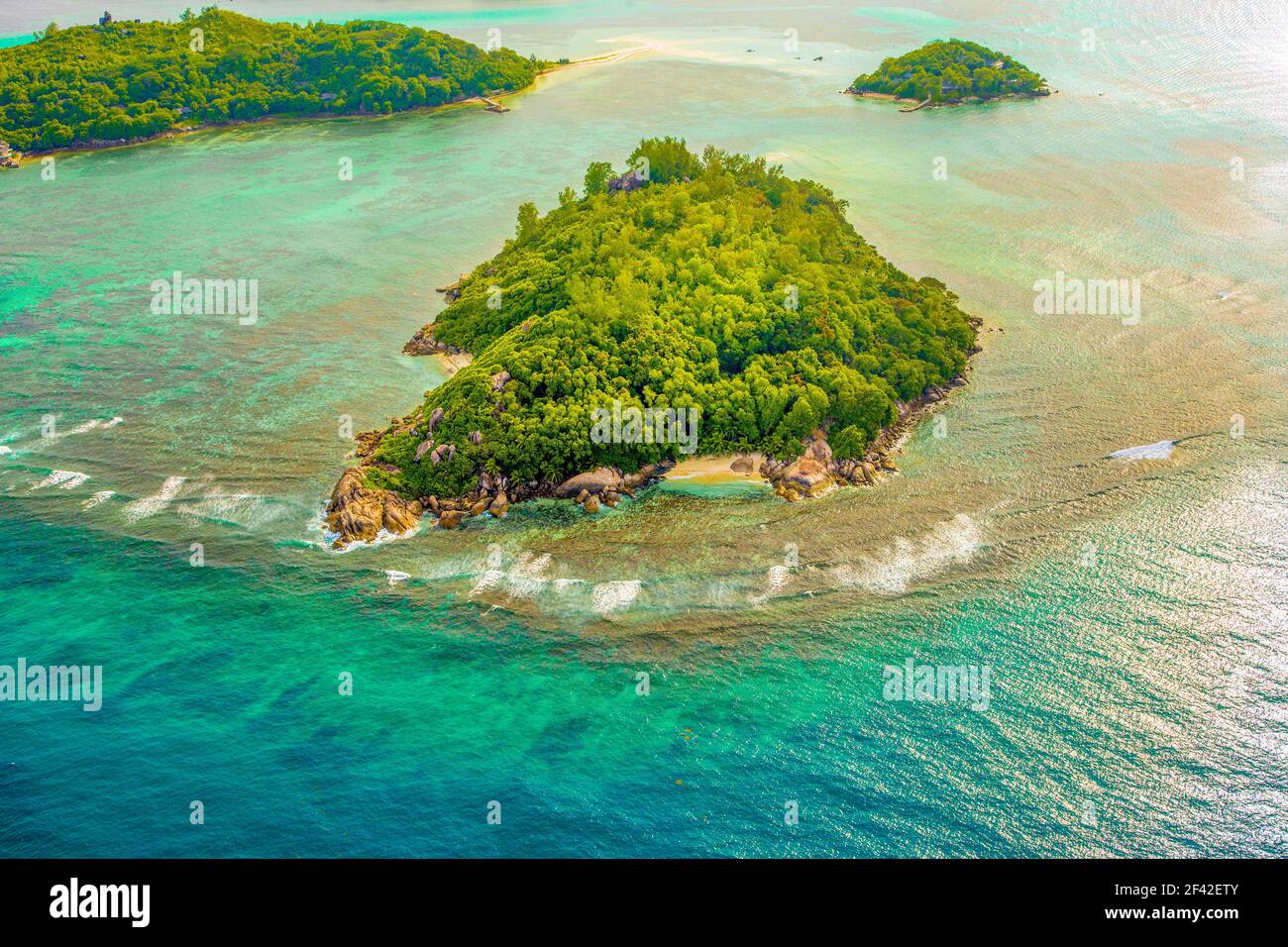 Aerial sunset landscape of the tropical Mahe Island and beautiful ...