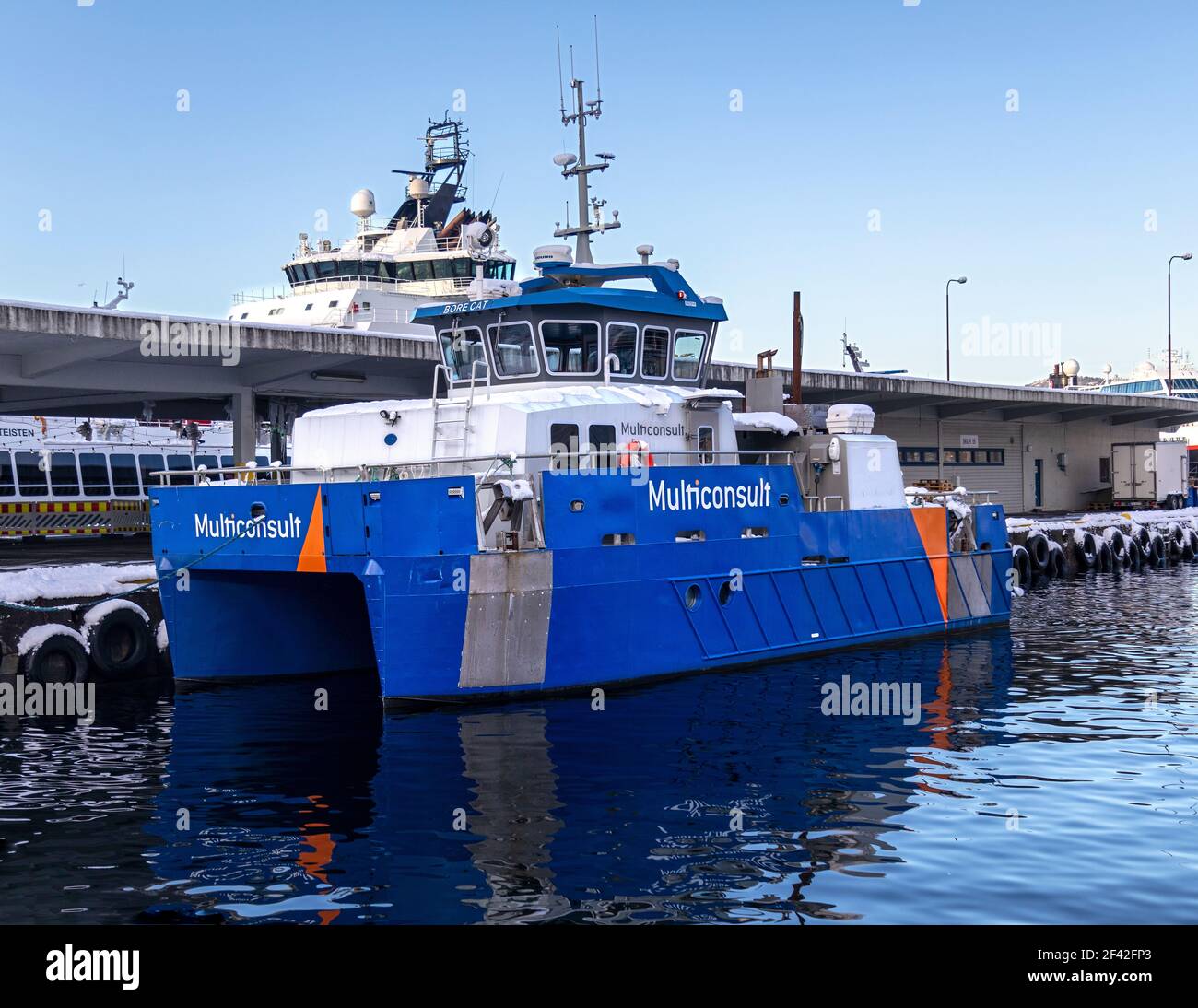 specialty work boat Bore Cat moored in the port of Bergen, Norway Stock ...
