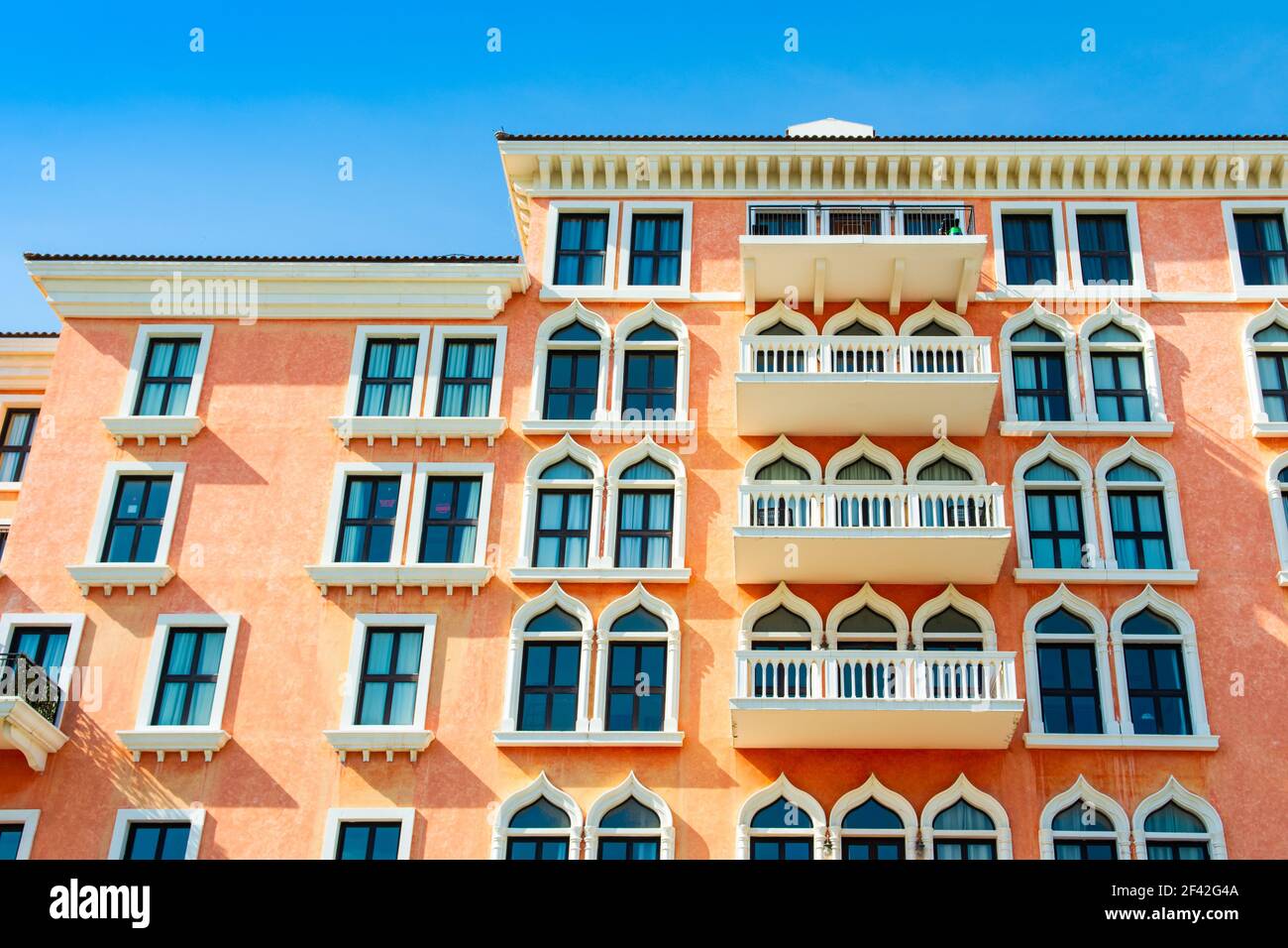 Architectural details of colorful building in venetian style in the ...