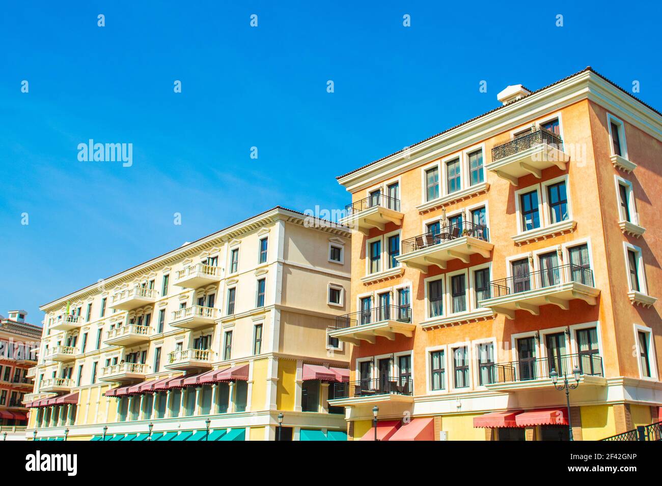 Architectural details of colorful building in venetian style in the ...