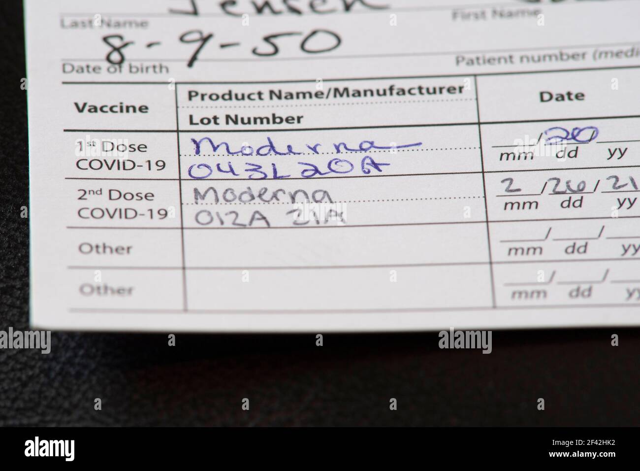 Austin, Texas March 18, 2021: A complete COVID-19 vaccine card showing ...