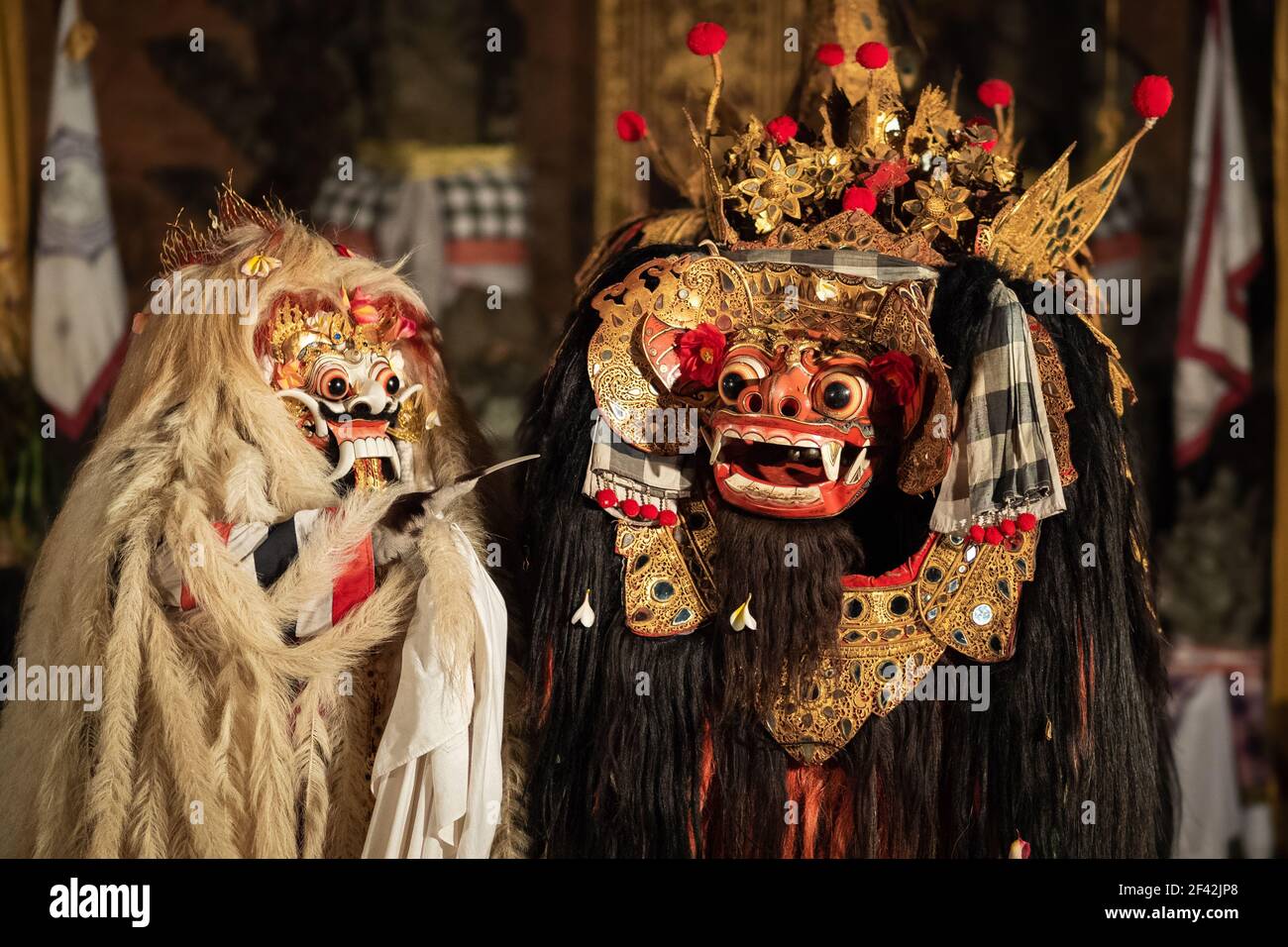 Balinese Barong ritual dance during open air ceremony at Pura Saraswati ...