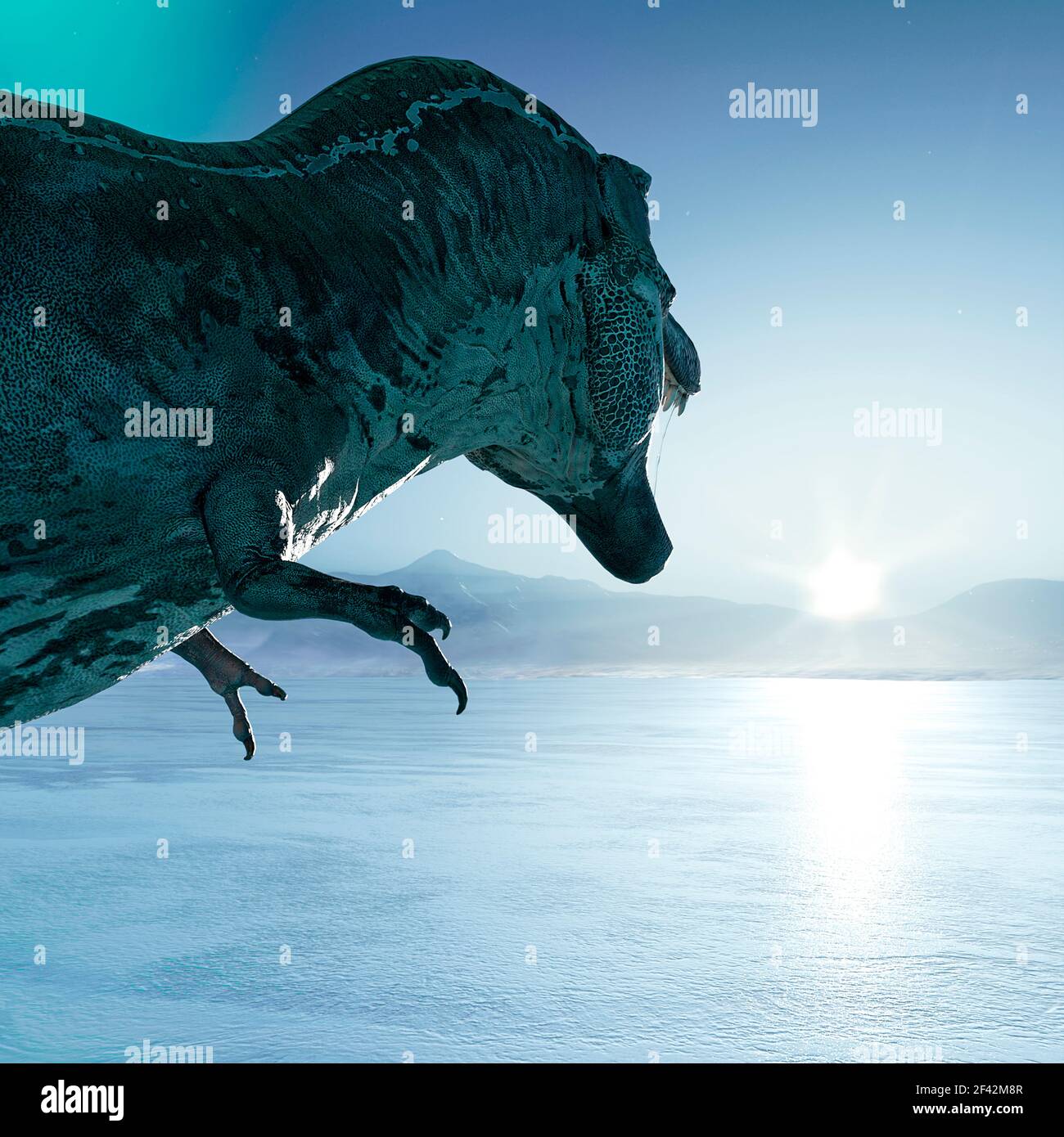tyrannosaurus rex is looking to the west on ice age, 3d illustration ...