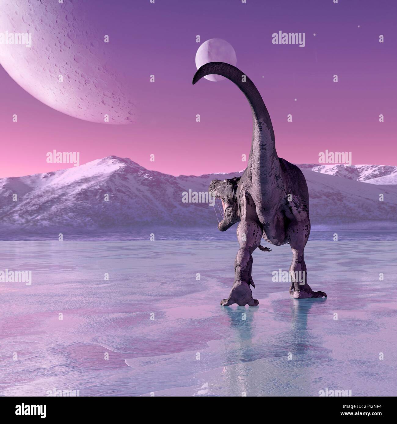 tyrannosaurus rex is on ice age resr view, 3d illustration Stock Photo ...