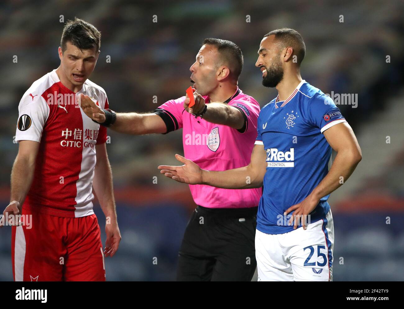 Rangers' Kemar Roofe reacts after being shown a red card by referee ...