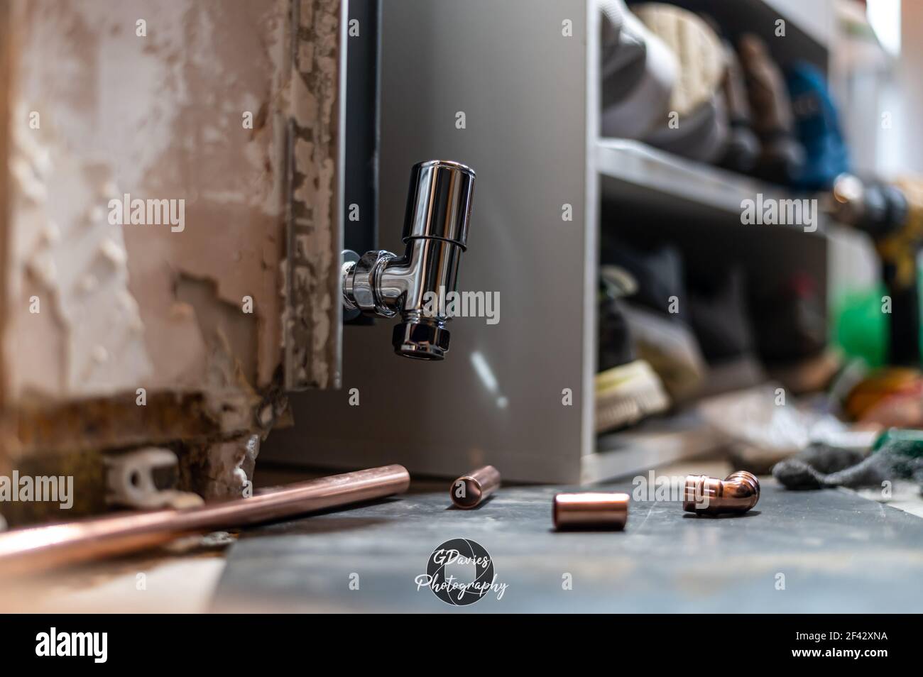 Close up of copper pipes being plumbed ready to be used on a newly ...