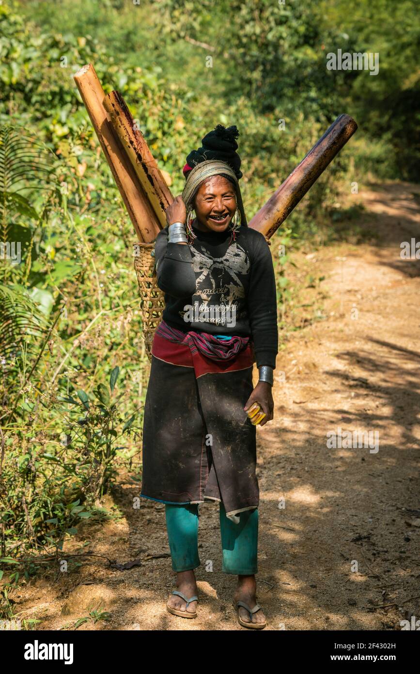 Portrait of adult woman of Eng tribe carrying bamboo trunks in pack ...
