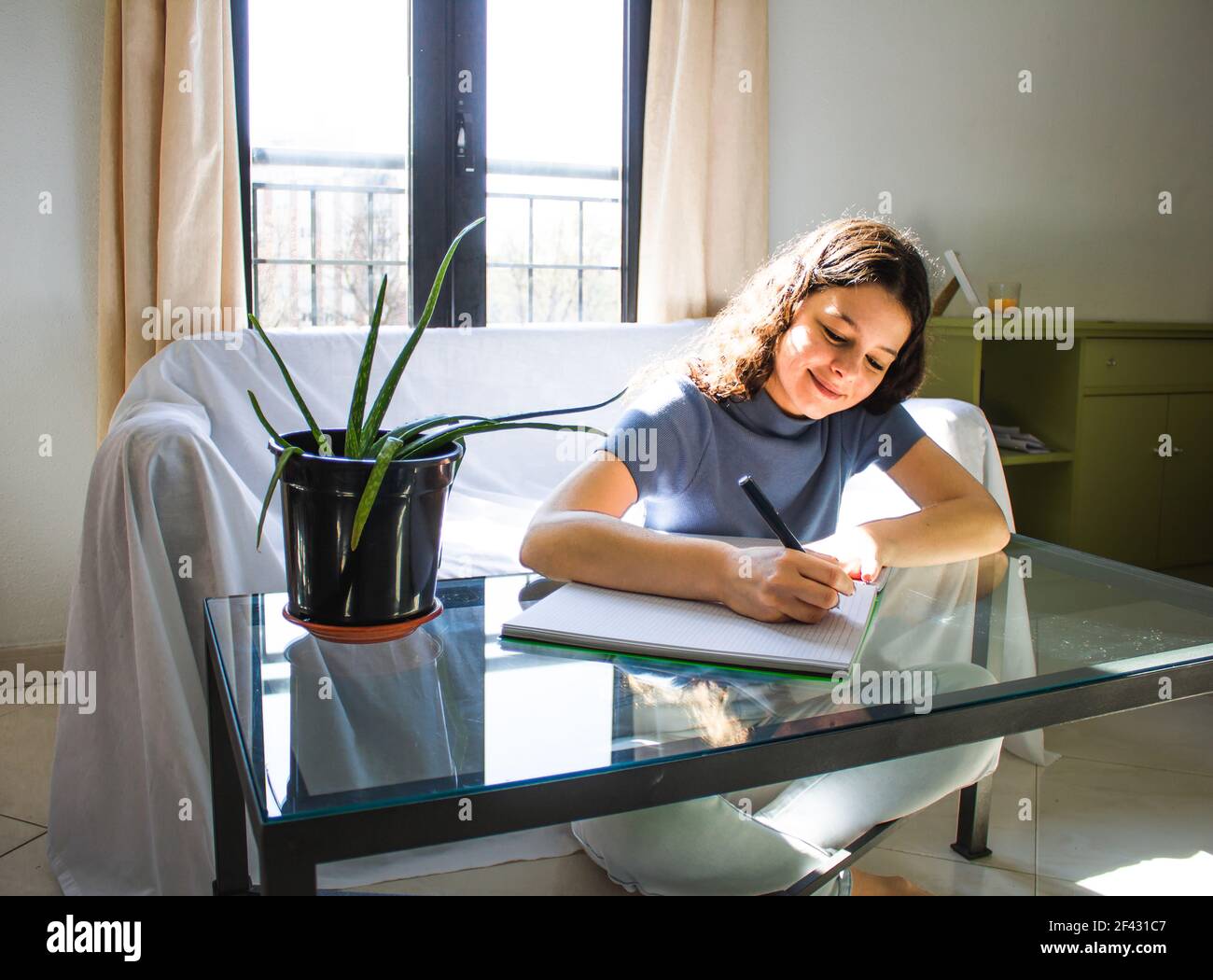 young woman studying and writing in the living room Stock Photo - Alamy