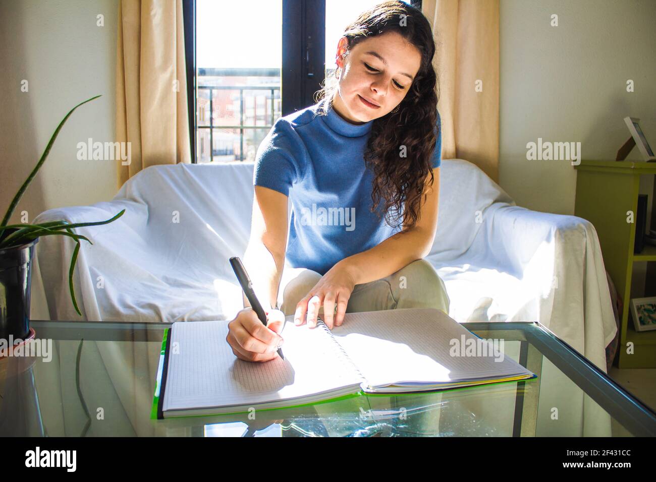 young woman studying and writing in the living room Stock Photo - Alamy
