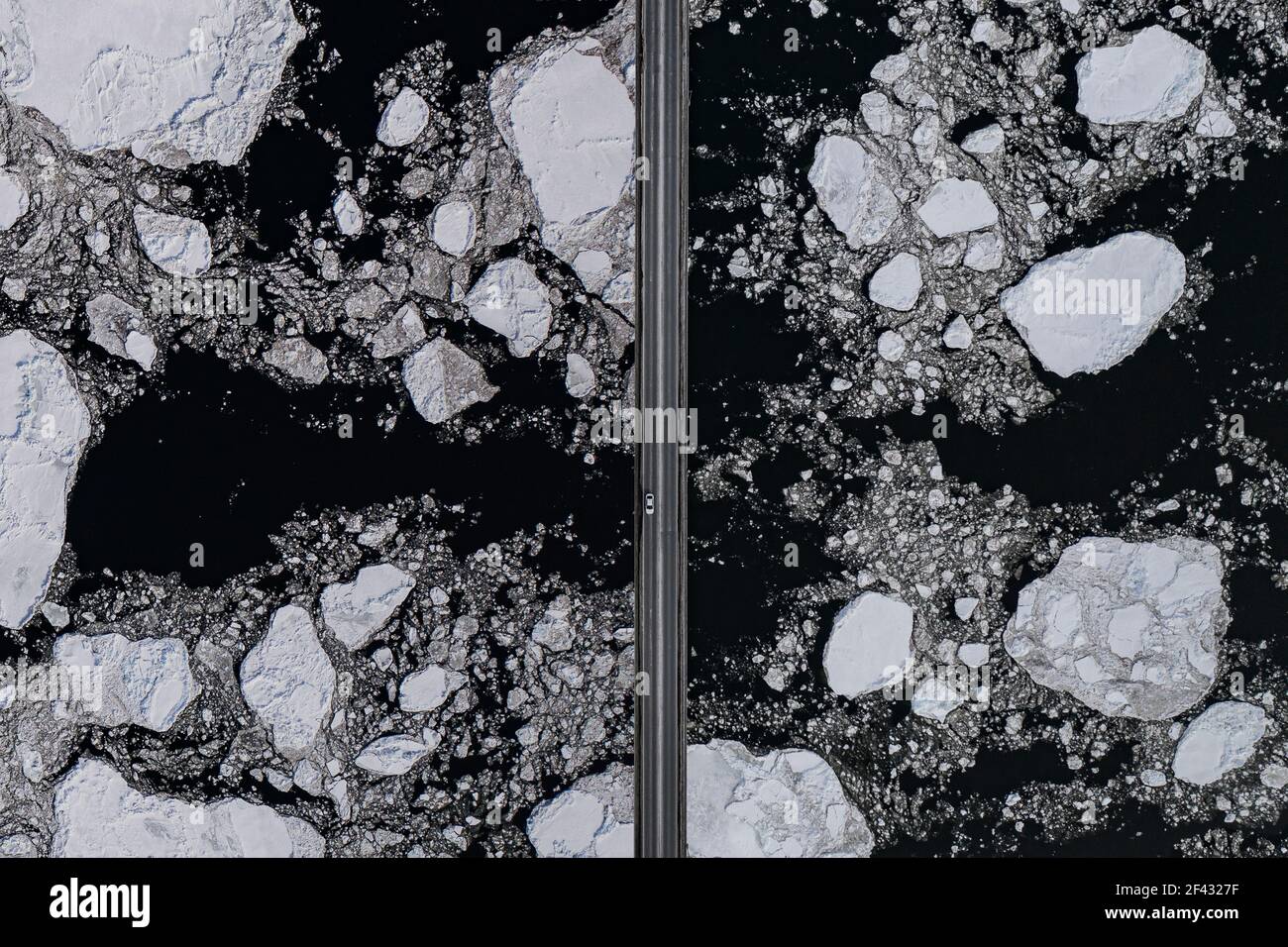 Aerial over Long Bridge and Ice Filled Bay in Canada Stock Photo - Alamy