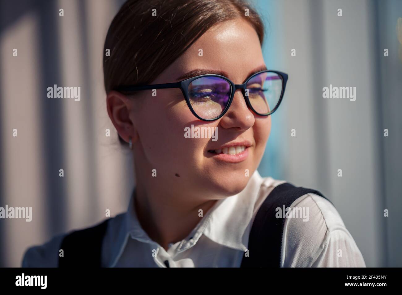 Confident business woman boss standing in modern office wearing glasses ...