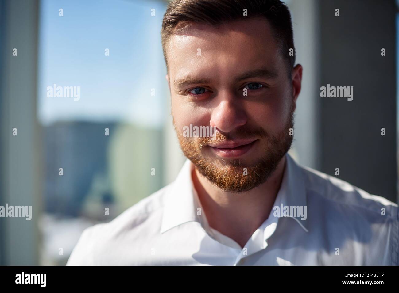Confident businessman, boss man standing in modern office, successful ...