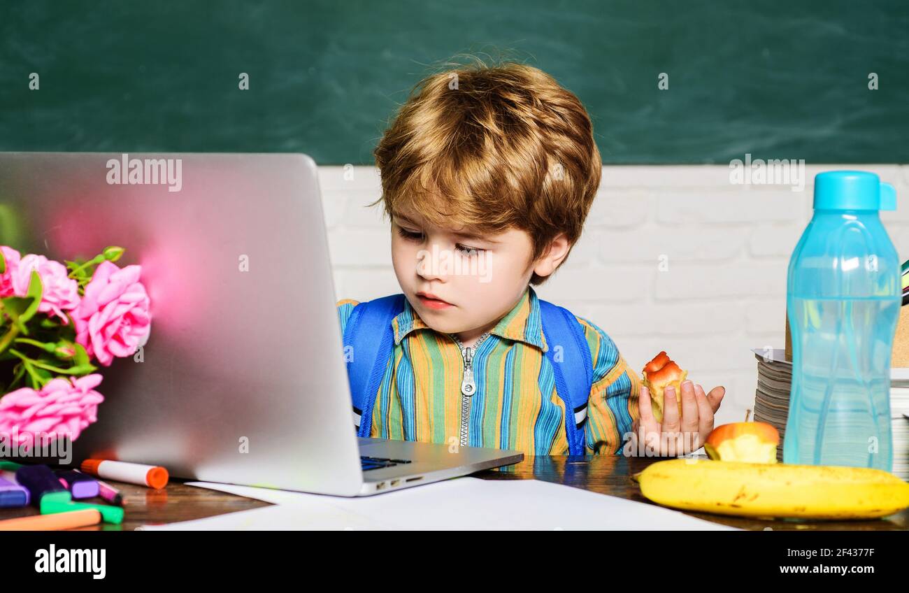 Child boy work with laptop. Homework. Lessons. School subjects ...