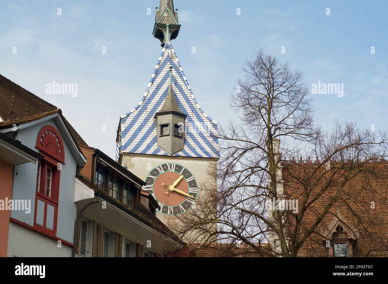 Close up view of the Zytturm clock tower building in the historical ...